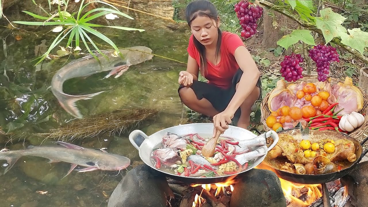 Amazing! Catch fish in river for jungle food, Fish soup Hot spicy chili ...