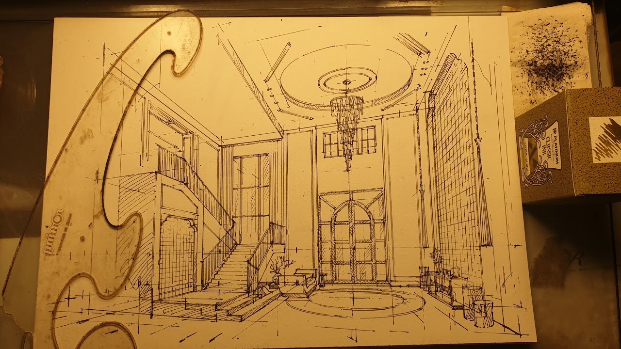 2 point perspective Foyer / เขียน perspective 2 จุด - YouTube