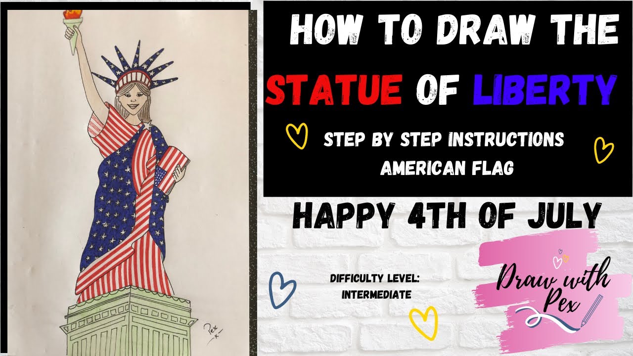 Happy 4th July- Statue of Liberty dresses in the American flag - Draw ...