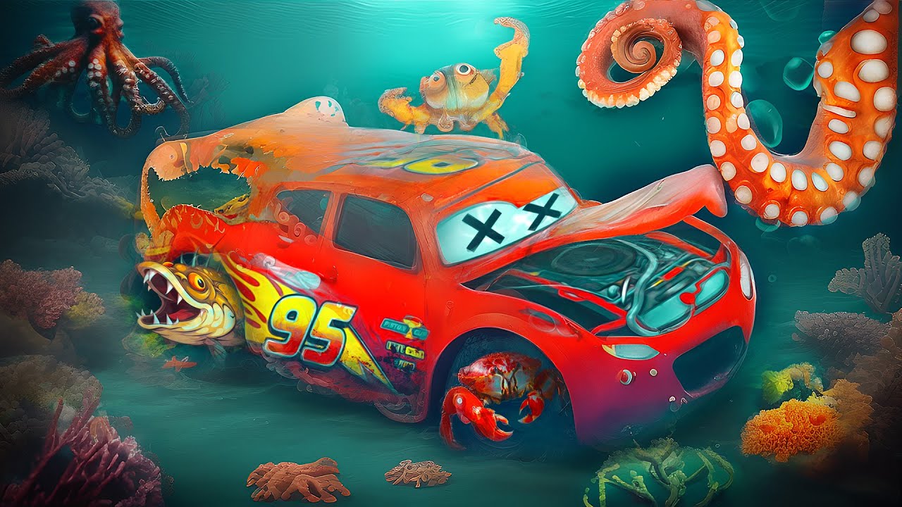 LIGHTNING MCQUEEN vs OCEAN BOTTOM & SEA CREATURES! Now Mqueen Drowned ...