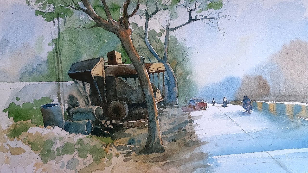 Watercolor Landscape Painting of a road construction site | Watercolor ...