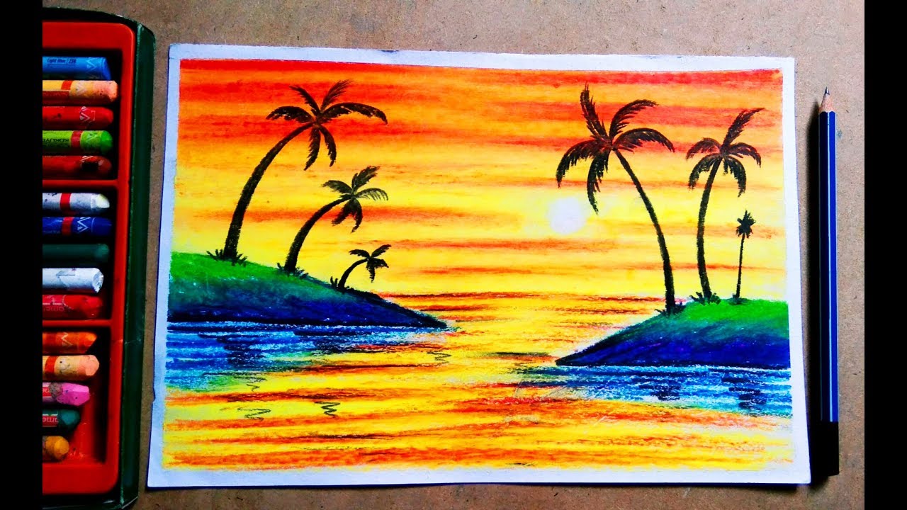 Sunshine beautiful valley with tree Sinary step by step || oil pastel ...