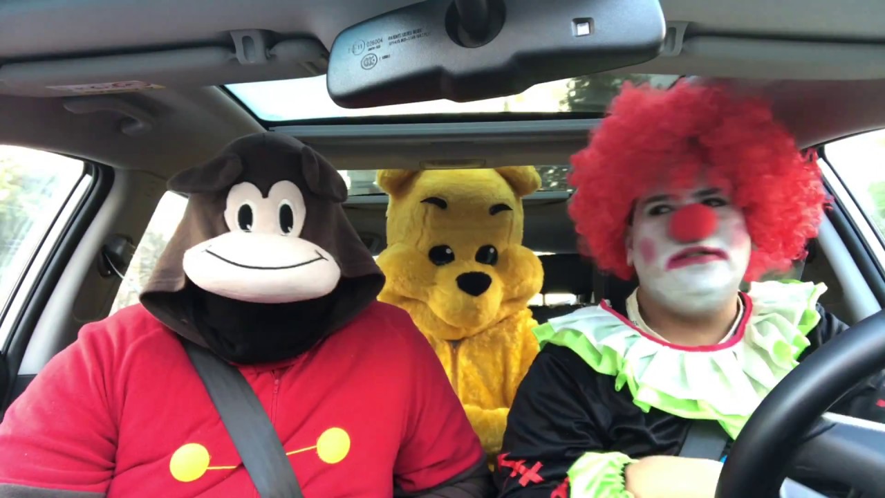 Winnie the pooh dancing in the car with happy monkey and crazy clown ...