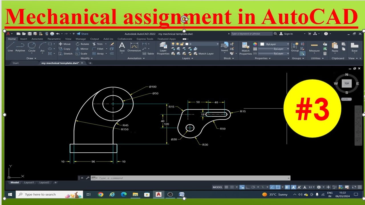 AutoCAD tutorial for beginners/ mechanical assignment part 3 - YouTube