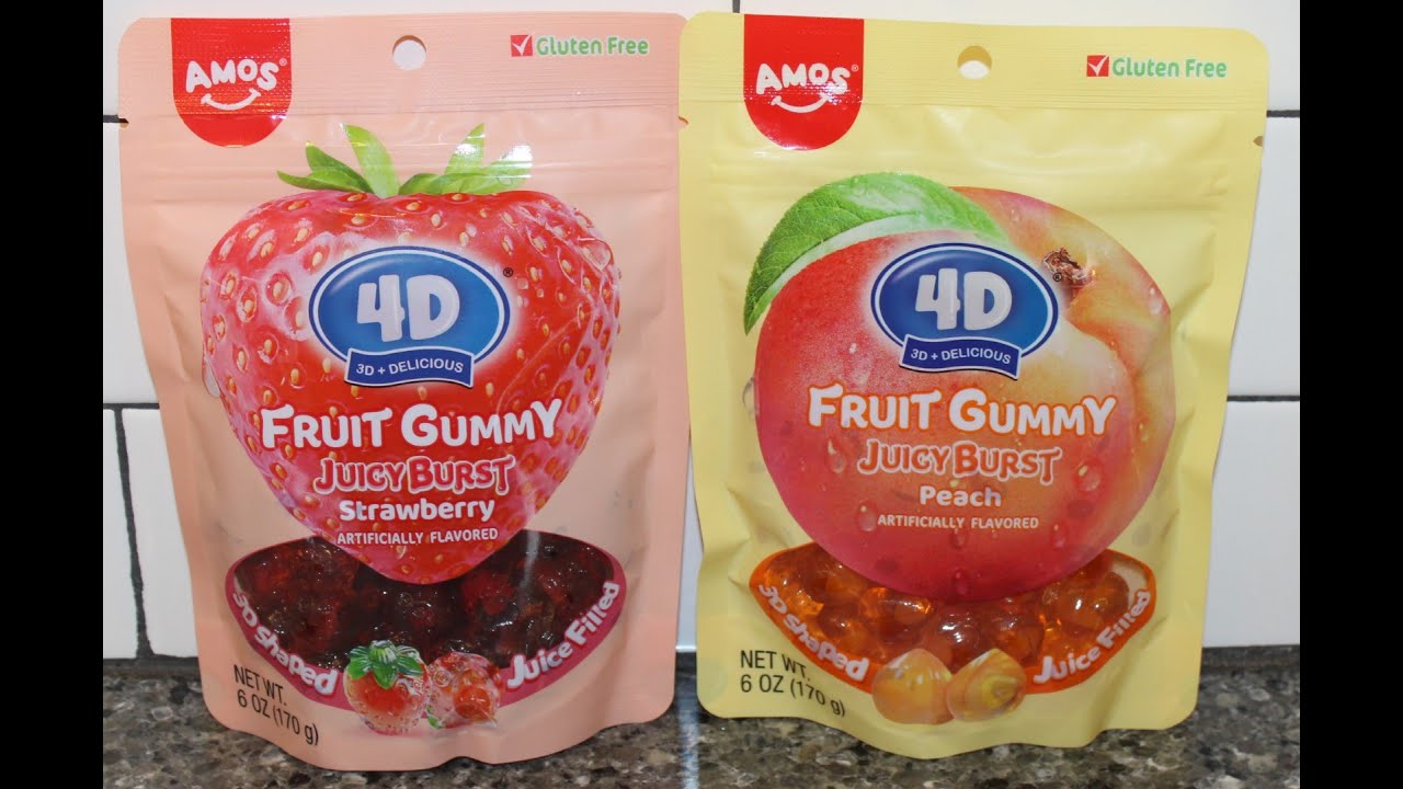AMOS 4D Fruit Gummy Juicy Burst: Peach & Strawberry Review - YouTube