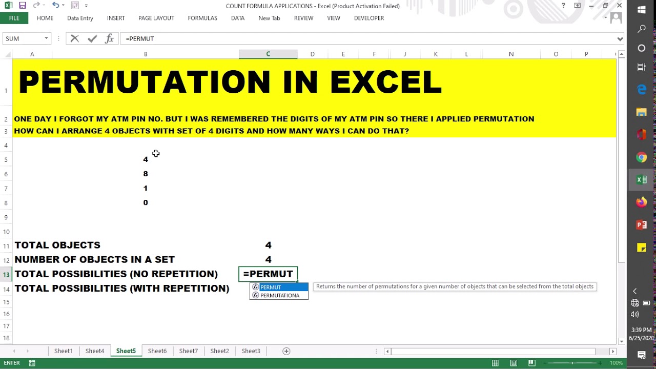 PERMUTATION IN EXCEL IN HINDI | HOW CAN I ARRANGE 4 OBJECTS WITH SET OF ...