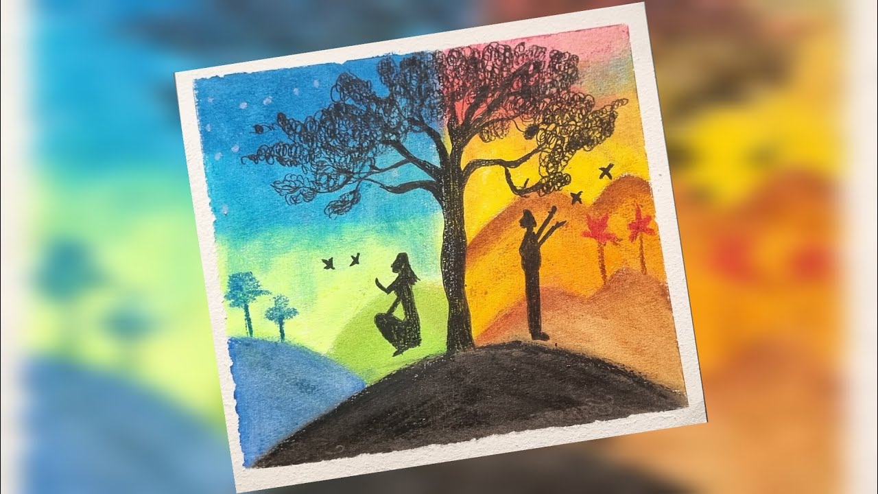 Day and Night Scenery || Oil Pastels drawing for beginners - YouTube
