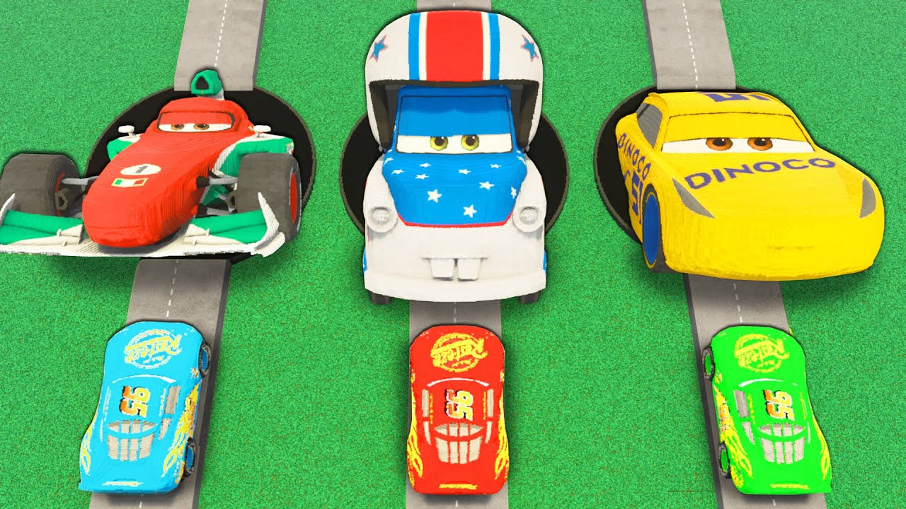 Mega Pits with Pixar Cars vs Color Lightning McQueen in Teardown - YouTube