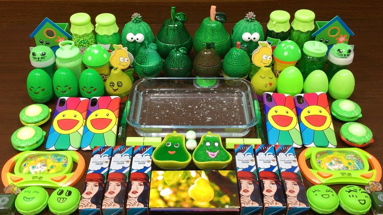 Series GREEN PEAR Slime ! Mixing Random Things into CLEAR Slime ...