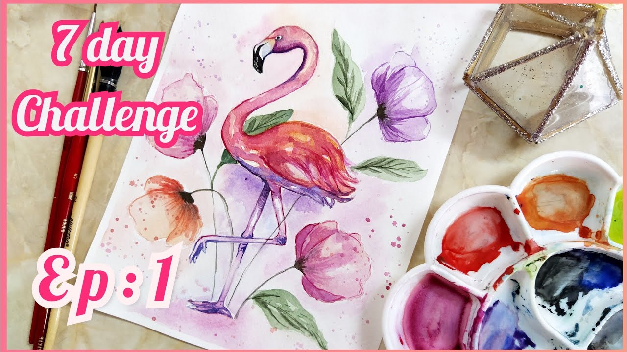 WATERCOLOR FLAMINGO PAINTING TUTORIAL| 7 day challenge - episode 1 ...