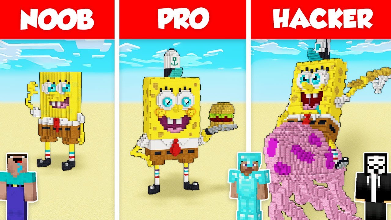 SPONGEBOB STATUE BASE HOUSE BUILD CHALLENGE - NOOB vs PRO vs HACKER ...