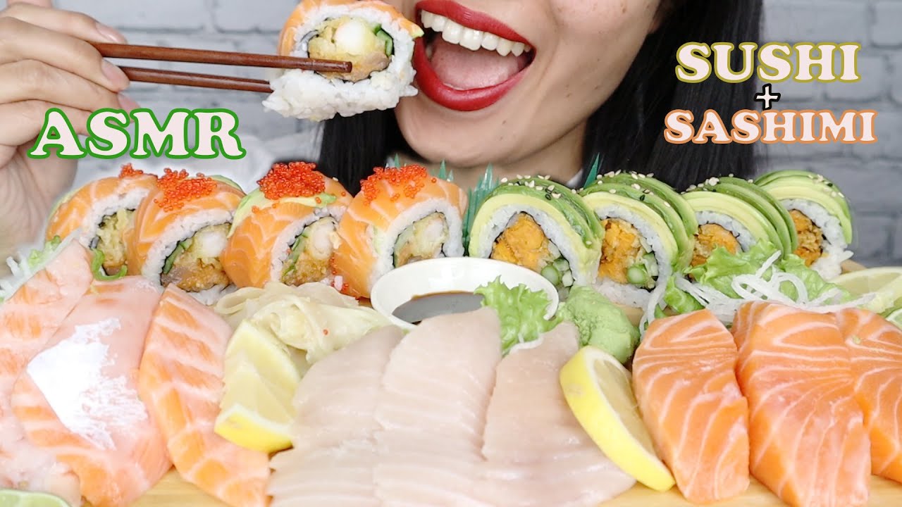ASMR SUSHI & SASHIMI (EATING SOUNDS, NO TALKING) - EM ASMR - YouTube