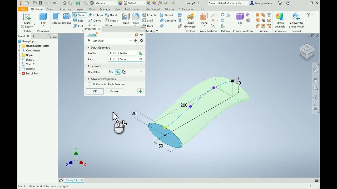 Autodesk Inventor - Sweep - profiel langs een pad - YouTube