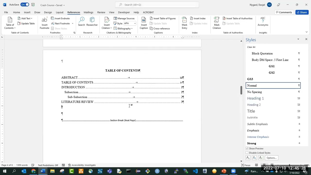 Word Crash Course Part 4 Table of Contents - YouTube