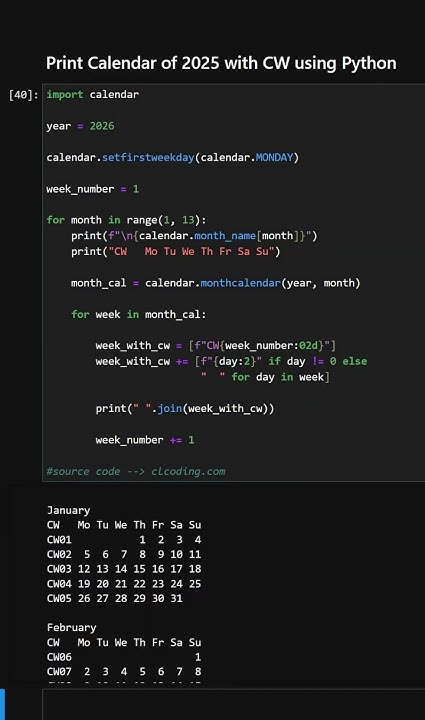 Print Calendar of 2025 with CW using Python #python #pythonprogramming #pythonforbeginners # ...