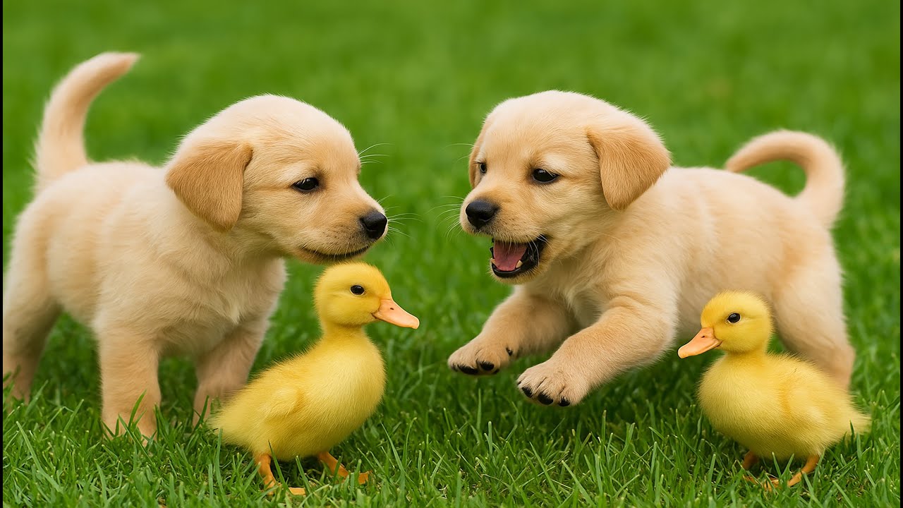 Adorable Baby Dogs Playing with Ducklings in the Grass Field – Cute Dog ...