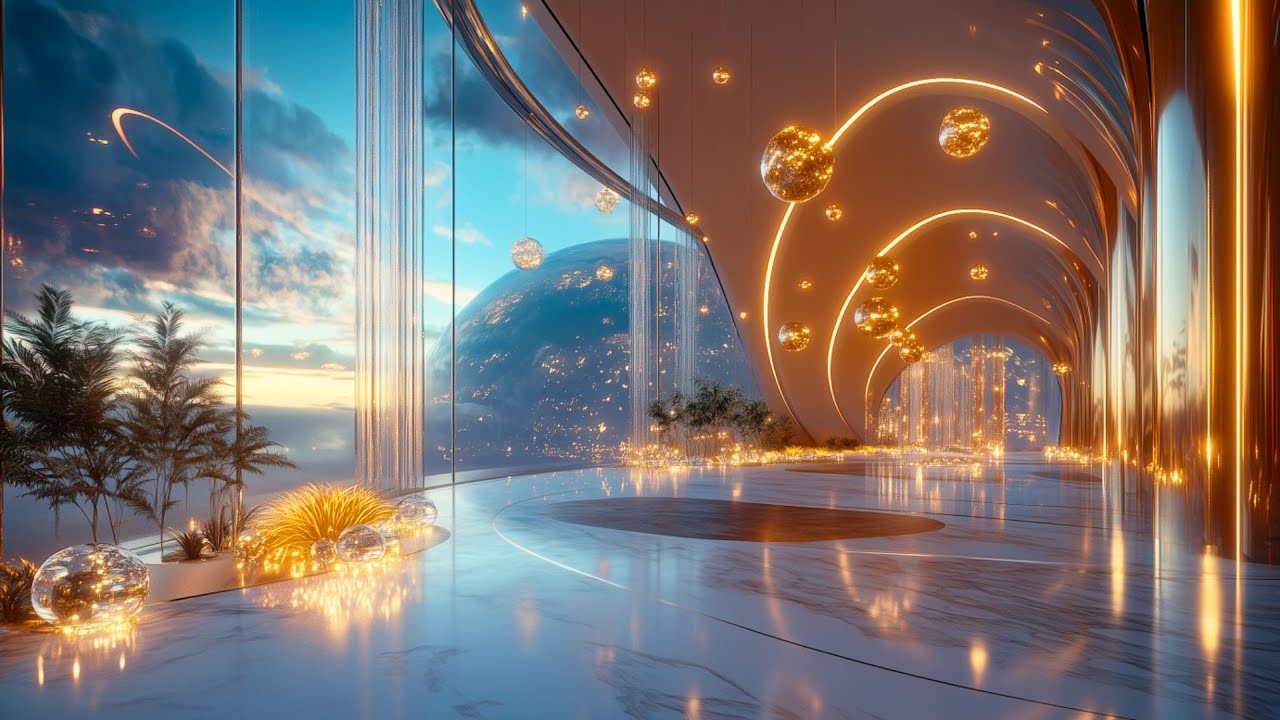 Golden Space Atrium Ambience | 5 Hours of Peaceful Cosmic View ...