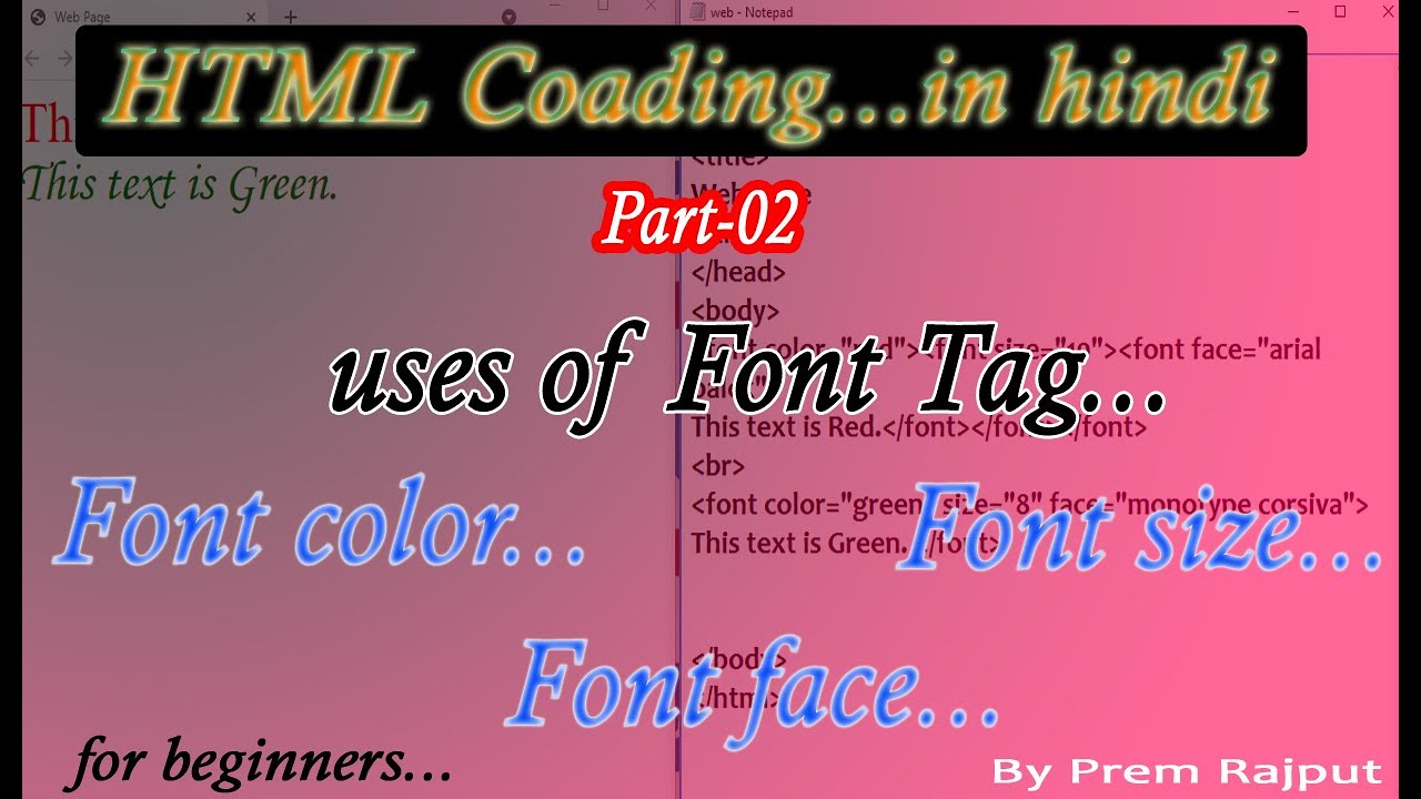Font tag in html | font tag in html in hindi | color size face tag in ...