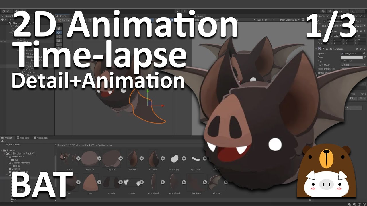 2D Animation Time-lapse | Bat Detail+Animation 1/3 | 2Dmonster | Unity ...