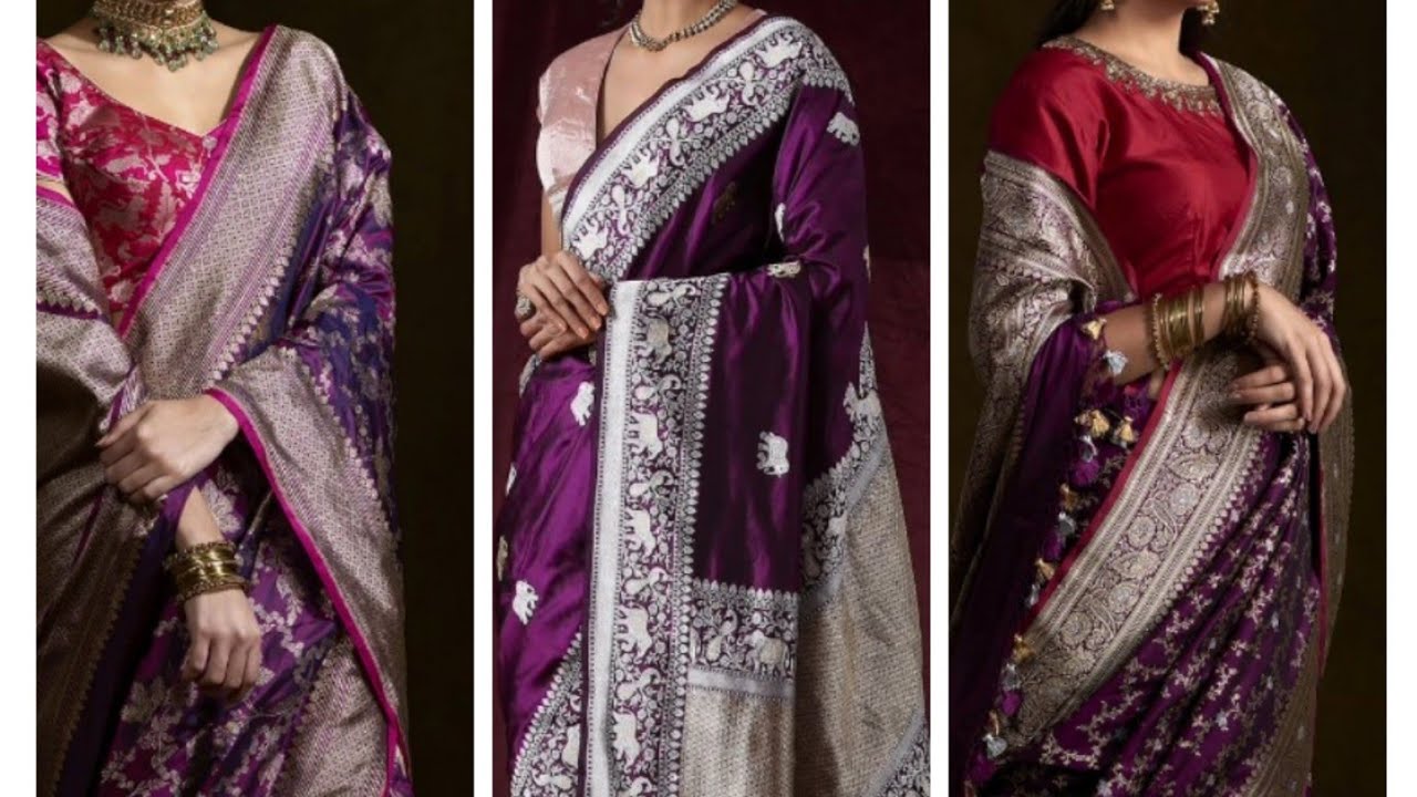 Beautiful purple color banarasi silk sarees with contrast blouse - YouTube
