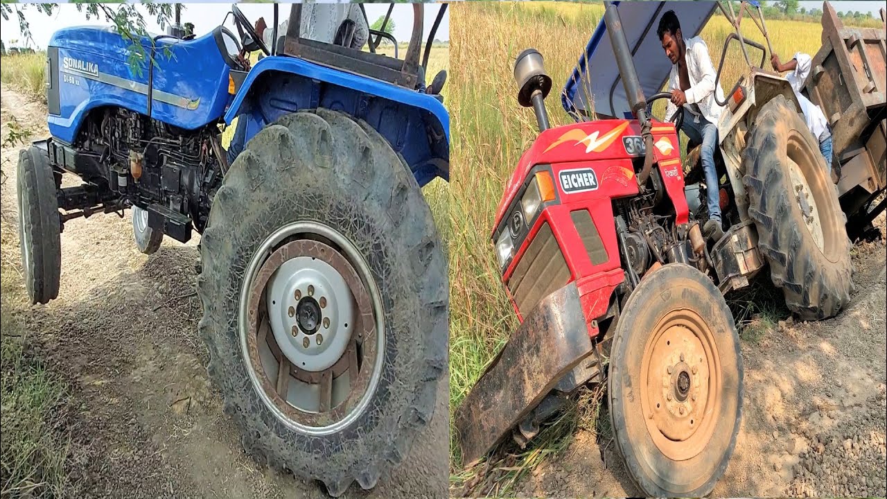During Harvesting a Eicher 364 Tractor with Trolley stuck in Nahar ...
