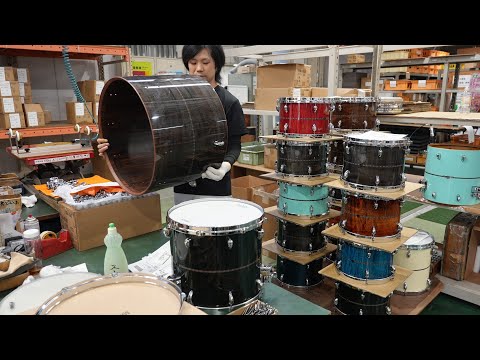 Davul yapma süreci. Japon ustalar tarafından yapılmış harika bir davul imalat fabrikası.