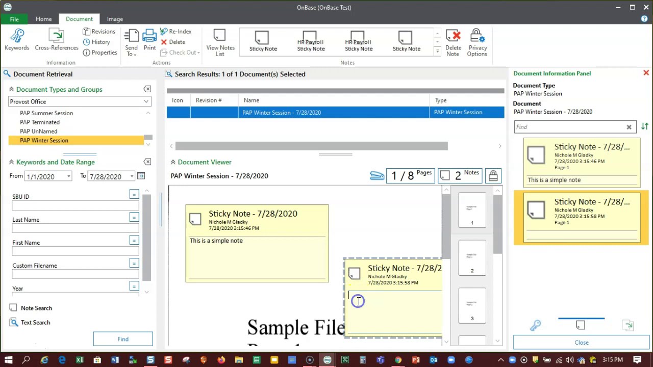 18 OnBase Creating Sticky Notes and Finding Them - YouTube