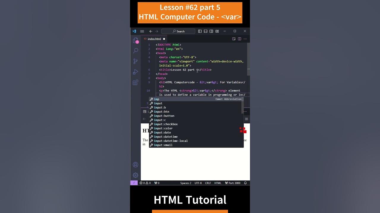 Html Tutorial Lesson 62 Html Computercode Var Element Part 5 Shorts Html Htmltutorial