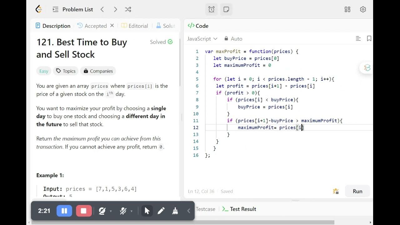 LeetCode: Best Time to Buy and Sell Stock (Javascript Solution) - YouTube