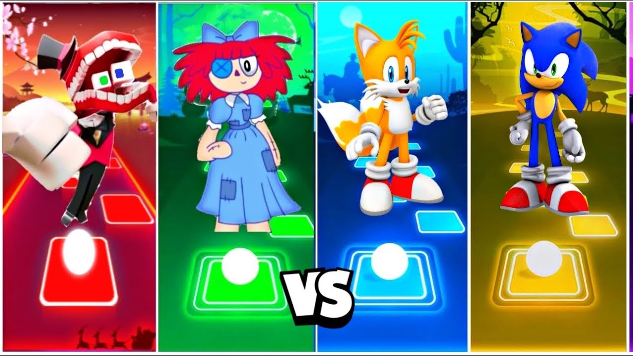 Pomni - Caine - Tails - Sonic - Tiles Hop EDM Rush Who will win - YouTube