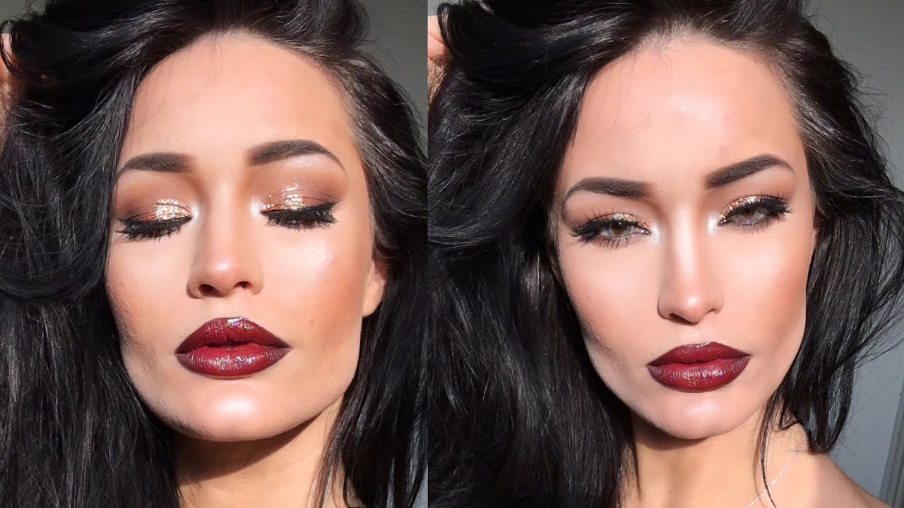 Christmas 2016 Full Glam Makeup Tutorial Gold Glitter And Dark Red