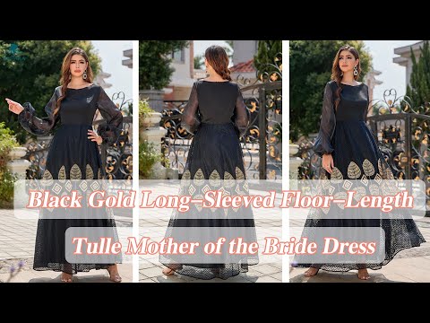 Black Gold Long-Sleeved Floor-Length Tulle Mother of the Bride Dress | ZAPAKA 2022