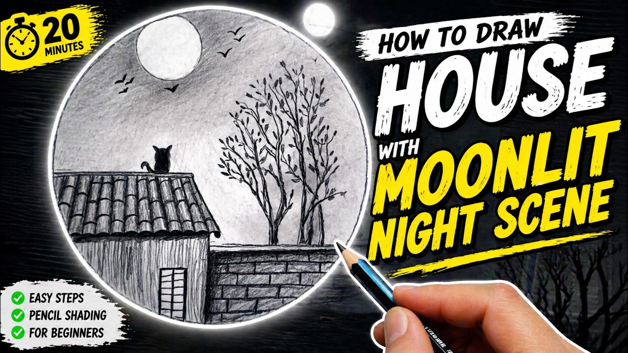 How to Draw a Moonlit Night Scene in 20 Minutes | Easy Pencil Sketch # ...