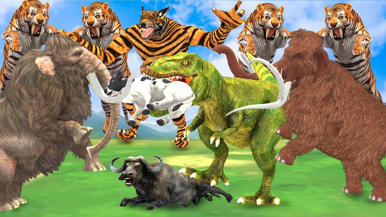 Giant Tiger wolf Attacks Dinosaur Chase Cow Cartoon Buffalo Gorilla ...