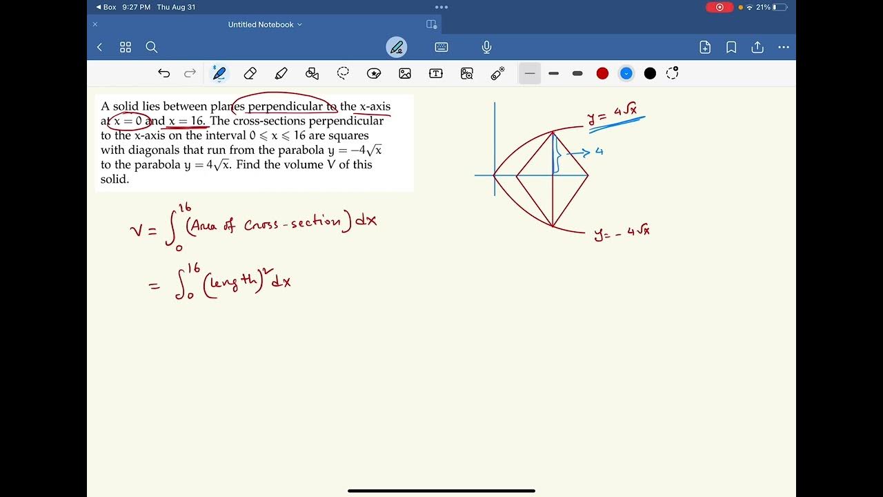 Find the volume of a solid whose cross-sections squares perpendicular to the x-axis. - YouTube