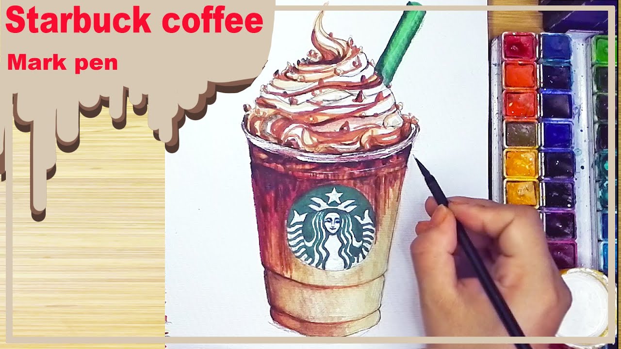 Starbucks cream ice coffee with mark pen&Watercolor step by step ...