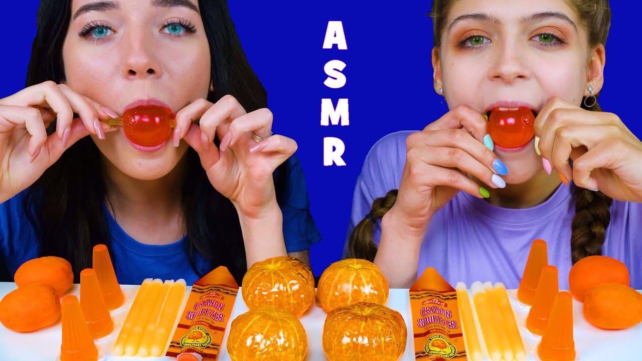 ASMR ORANGE FOODS *JELLY CUPS, NIK-L-NIP WAX STICKS, GLASS CANDIED ...