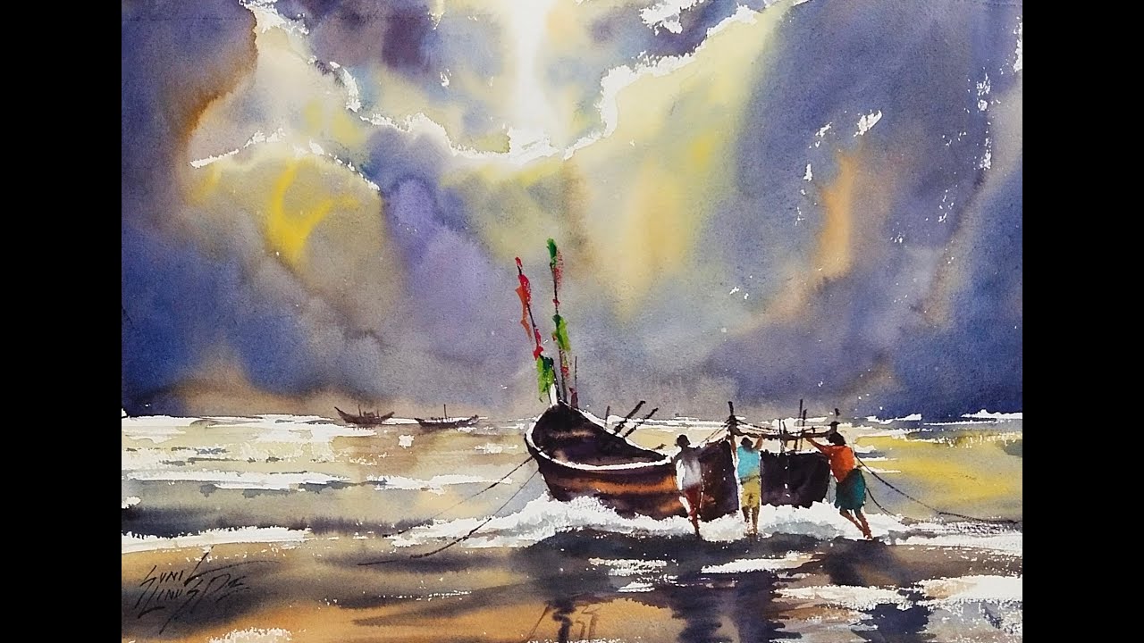 How To Make Simple Seashore in water colour.By Sunil Linus De - YouTube