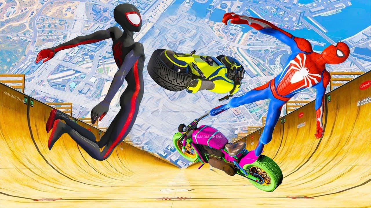 GTA 5 SPIDERMAN x MILES MORALES vs MEGA RAMP JUMP 709( Spider-Man Jumps ...