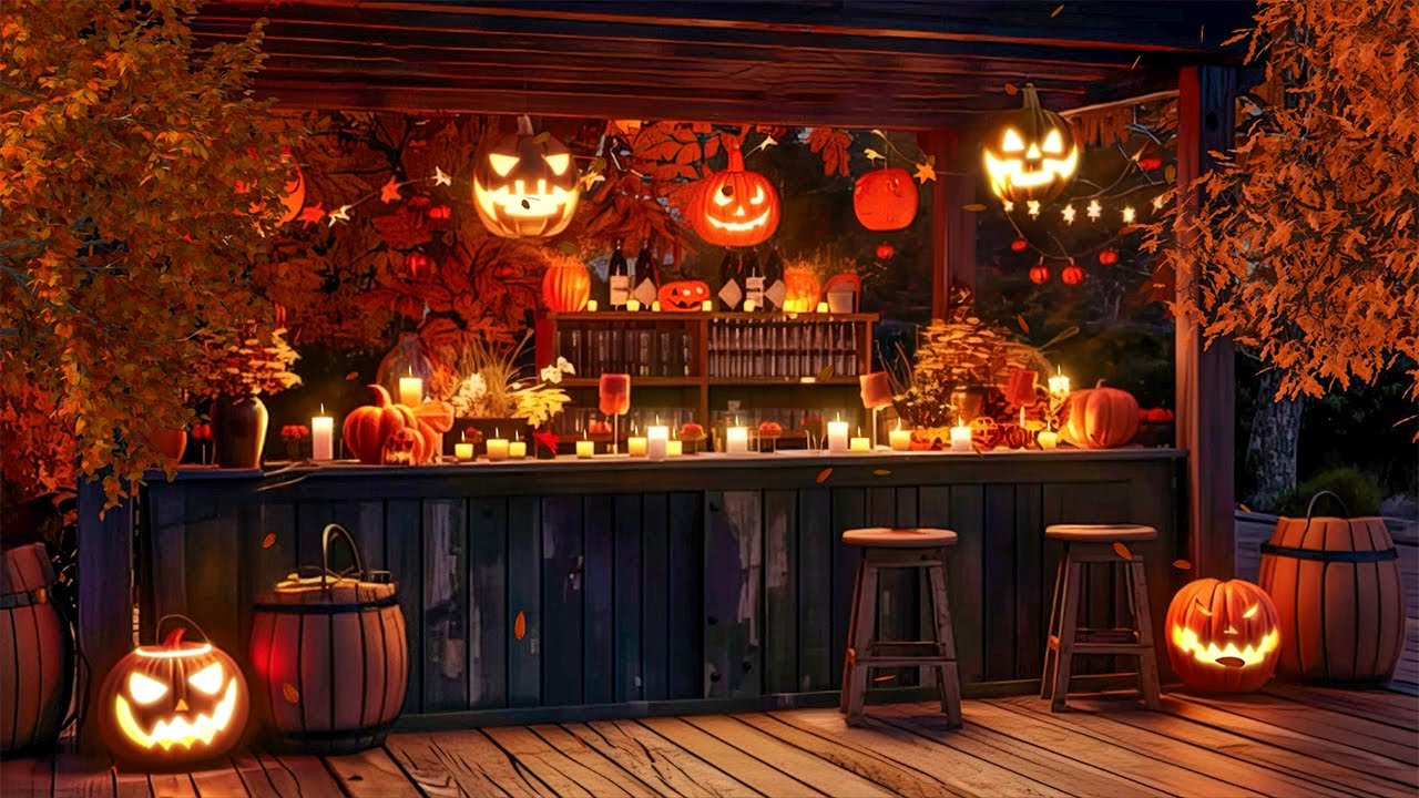 Halloween Coffee Shop Cozy Autumn Night Ambience 🎃 Spooky Jazz Music ...