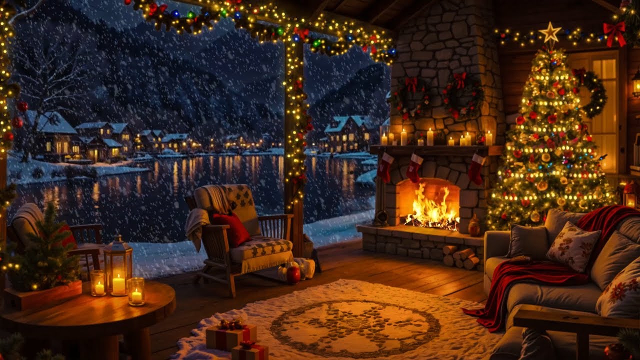 Peaceful Christmas Eve Porch Ambience ️🎁 Snowy Night, Warm Lights ...