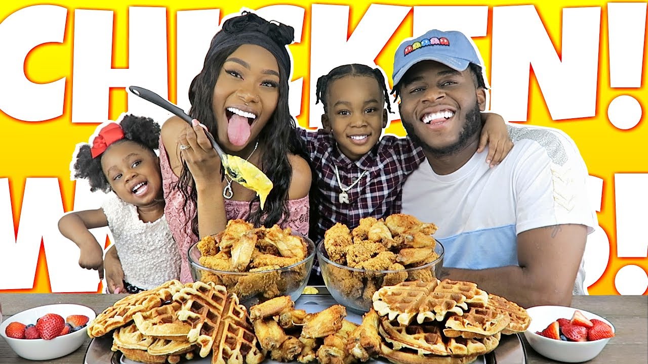 FRIED CHICKEN & WAFFLES FAMILY MUKBANG WITH NACHO CHEESE! - YouTube