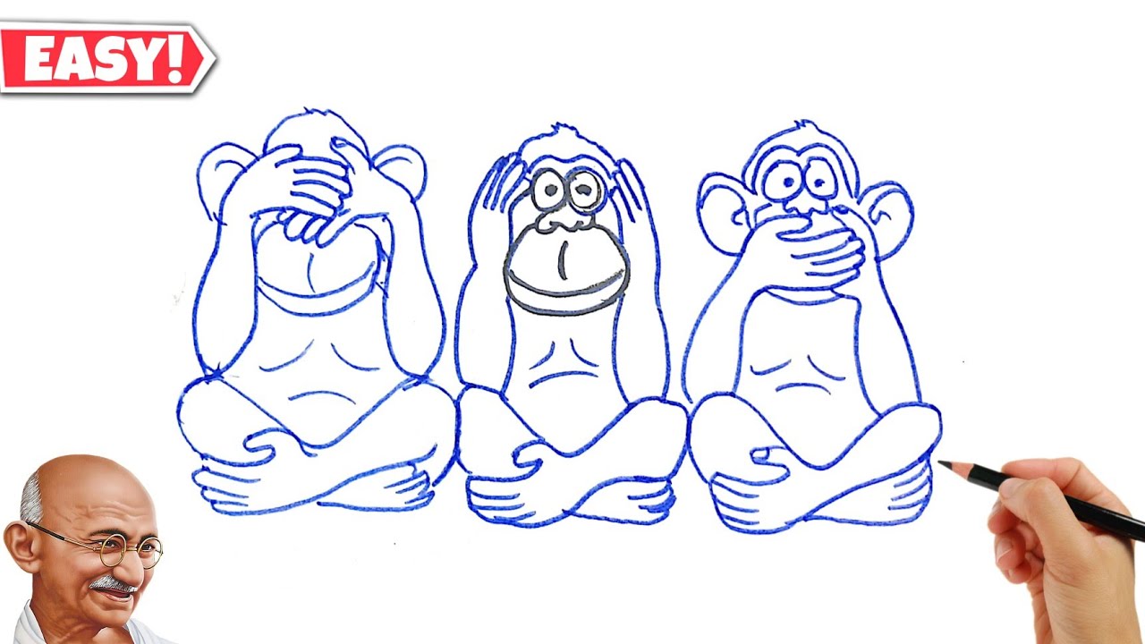 Gandhiji Ke 3 Bandar Sketch
