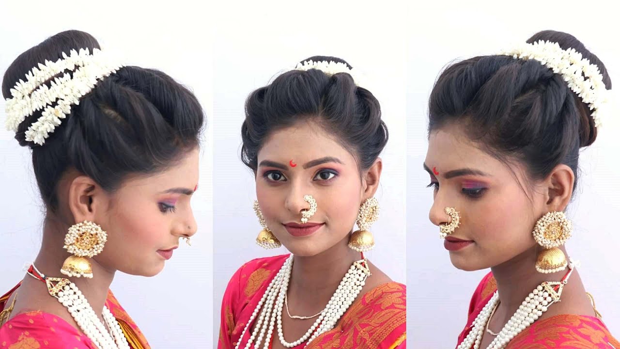Easy Advance Bun Hairstyle For Maharashtrian Makeup Look - Saree | Very ...