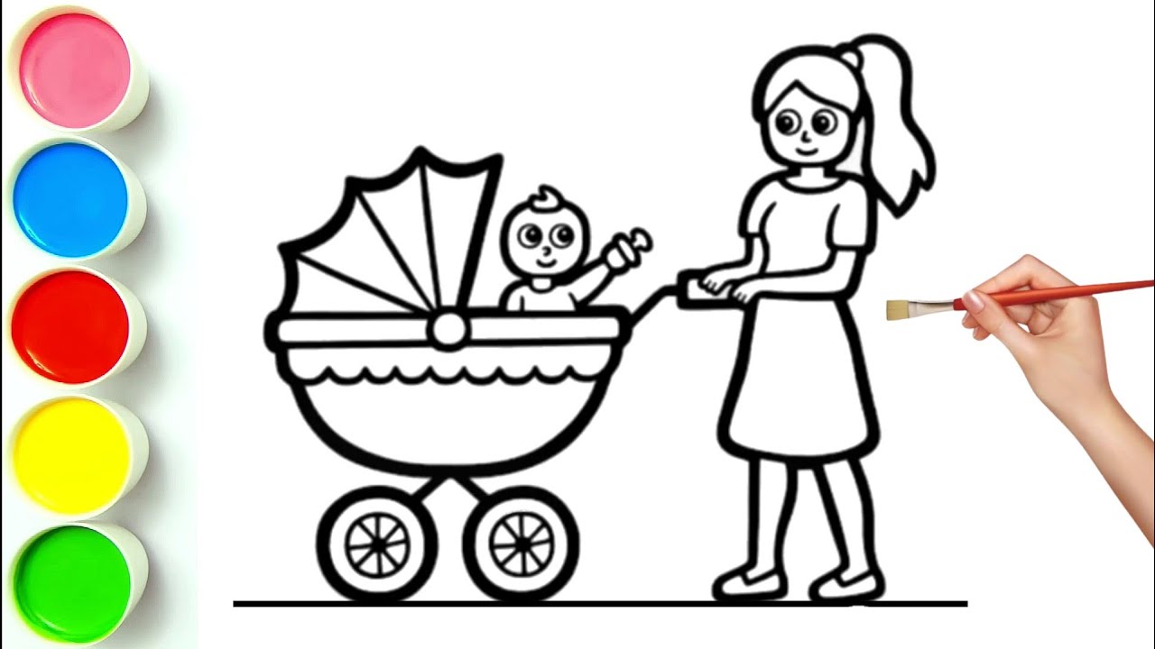baby cradle and mother drawing and painting for kids , how to draw a ...