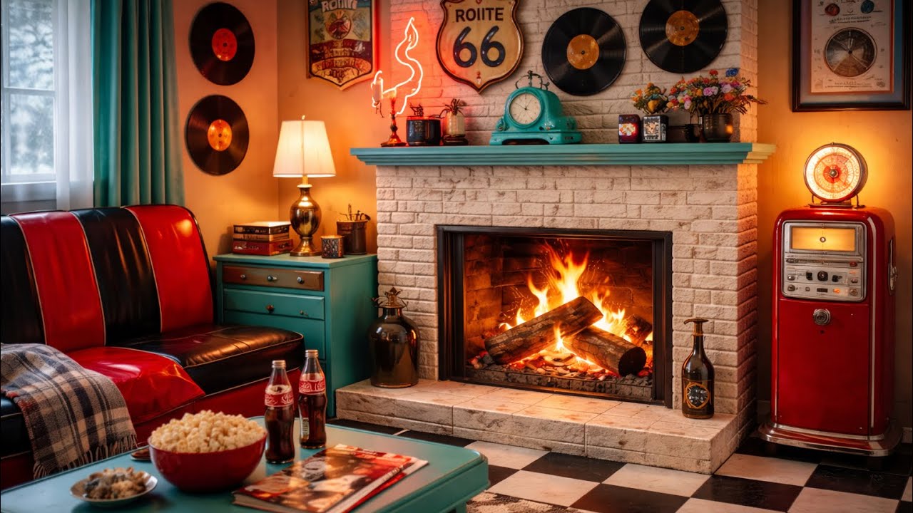 Rockabilly Fireplace Ambience 🔥 1950s Retro Living Room | Crackling ...