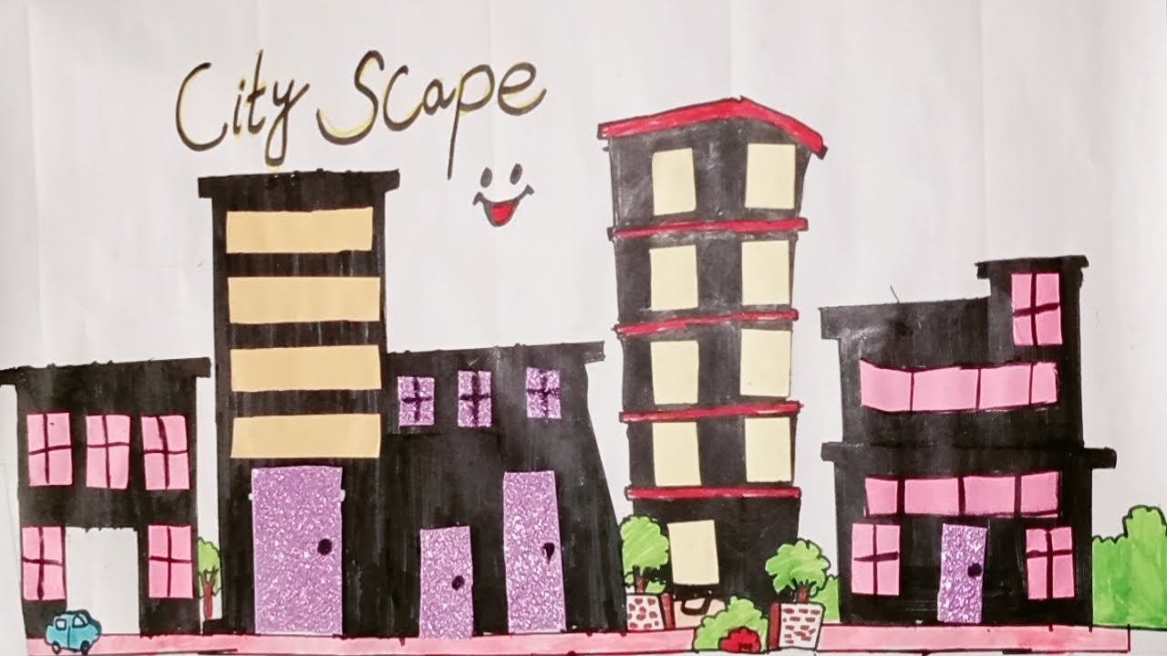 City Scape 🏢🏬🏣Drawing With Colour Step by Step for Beginners ideas ...