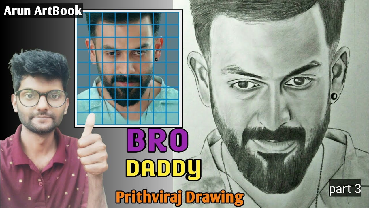 Prithviraj pencil Drawing | Bro Daddy movie | Grid method | part 3 ...