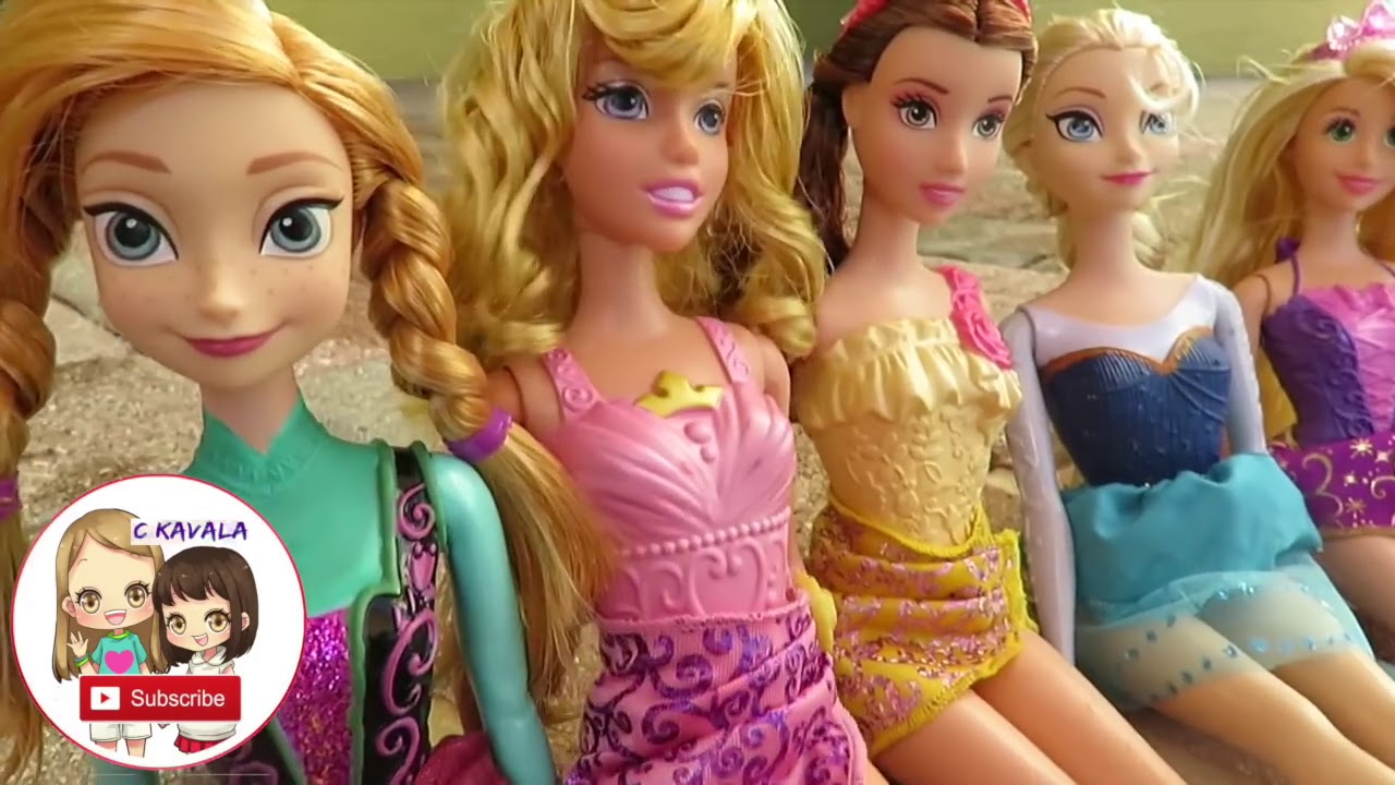 Disney Princess Pool Party Elsa & Anna Rapunzel Sleeping Beauty dolls ...