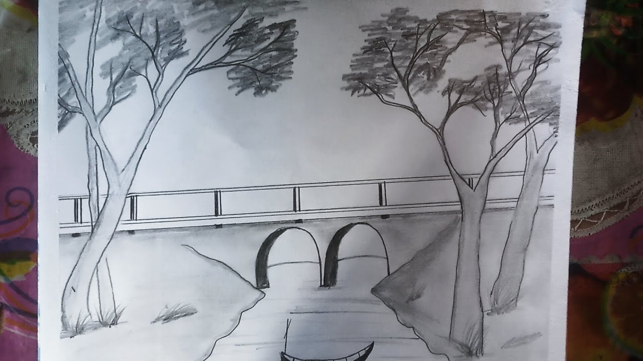 How to draw Bridge Scenery with pencil step by step, Pencil drawing for ...